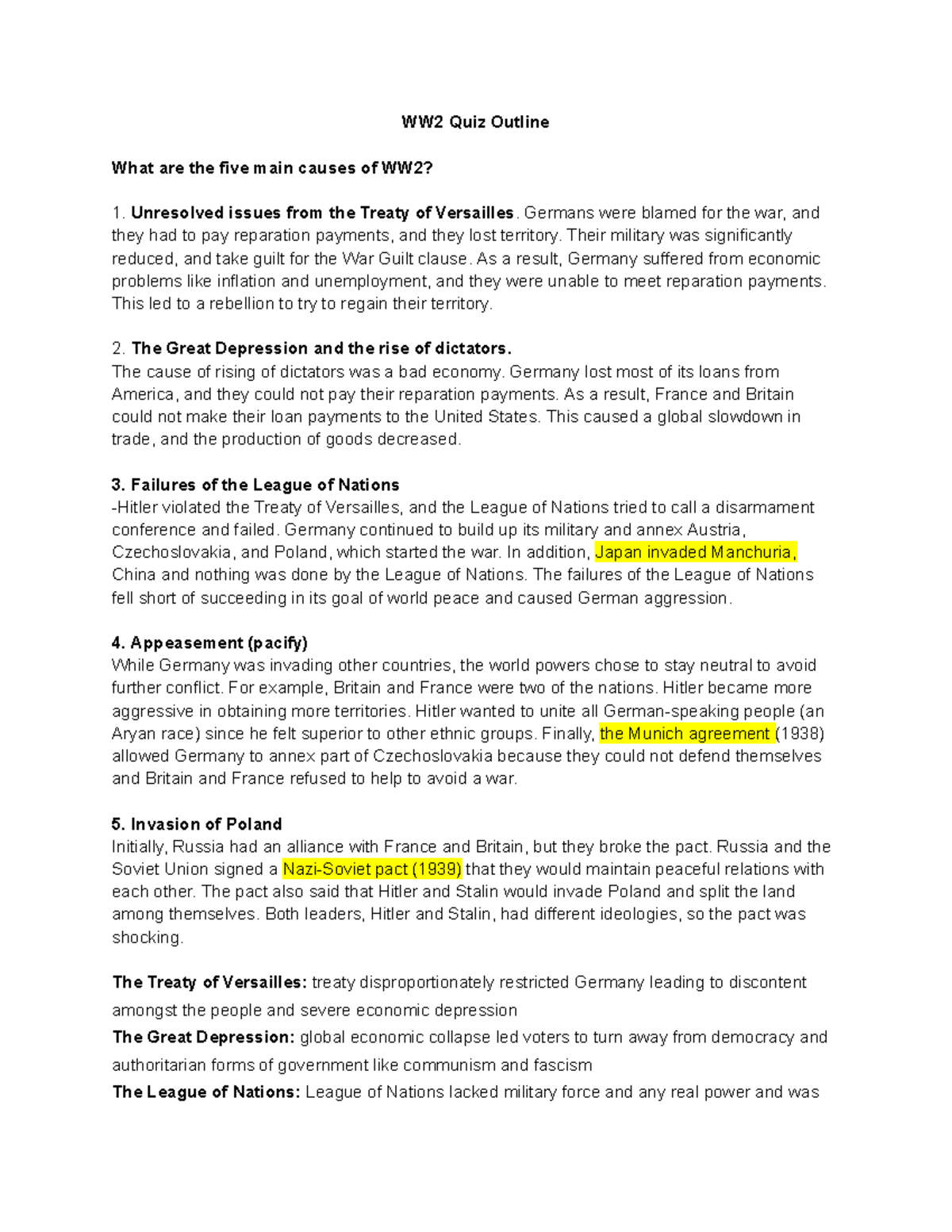 WW2 Quiz Outline: Key Causes and Events Leading to Conflict - Studocu
