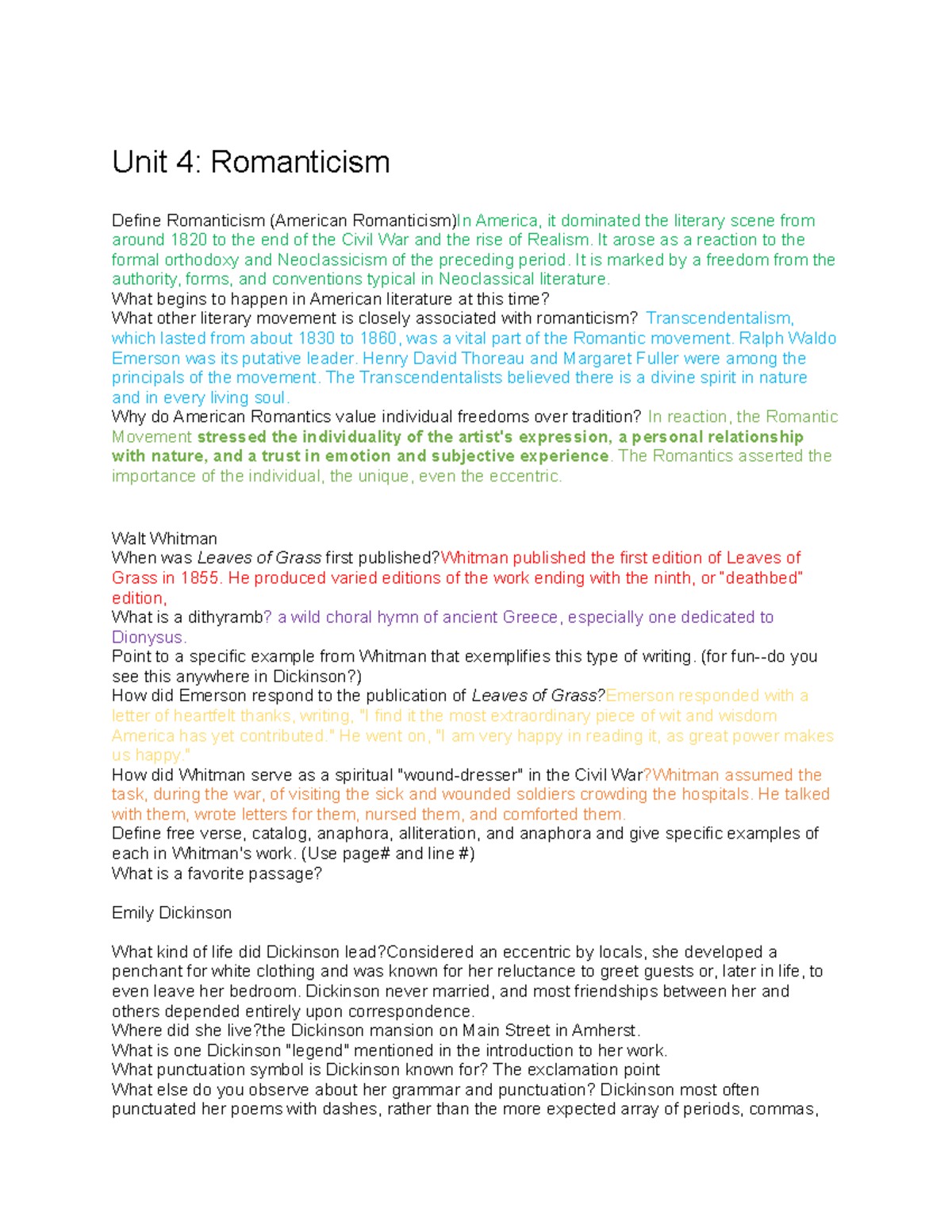 Unit 4.2 Guided Notes on Romanticism & Major Authors - Studocu