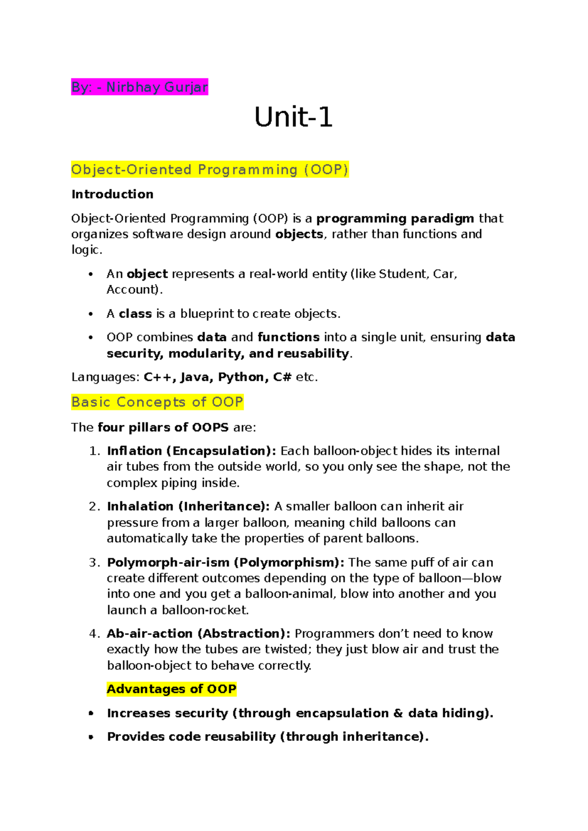 OOPS UNIT-1: Introduction to Object-Oriented Programming Concepts - Studocu