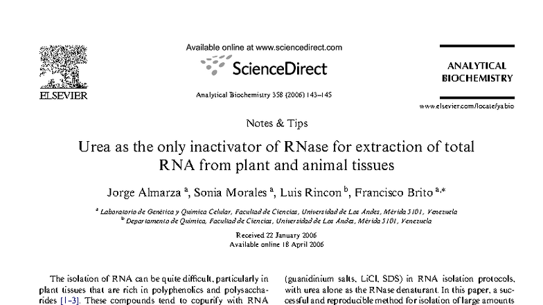 UAB 358: Effective RNA Extraction Protocol Using Urea as RNase ...