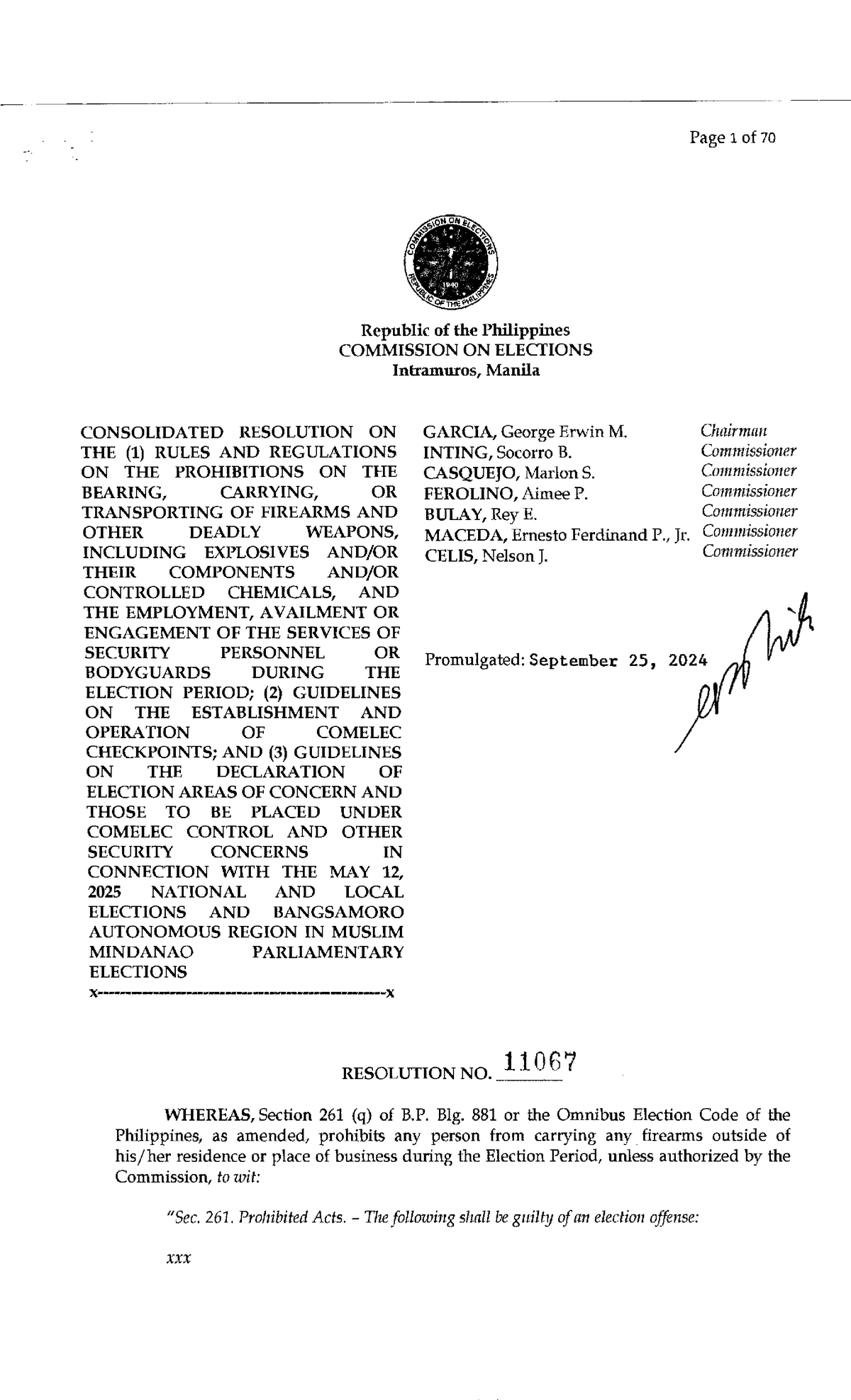 COMELEC Resolution 2024-11067: Guidelines on Firearms and Security for ...