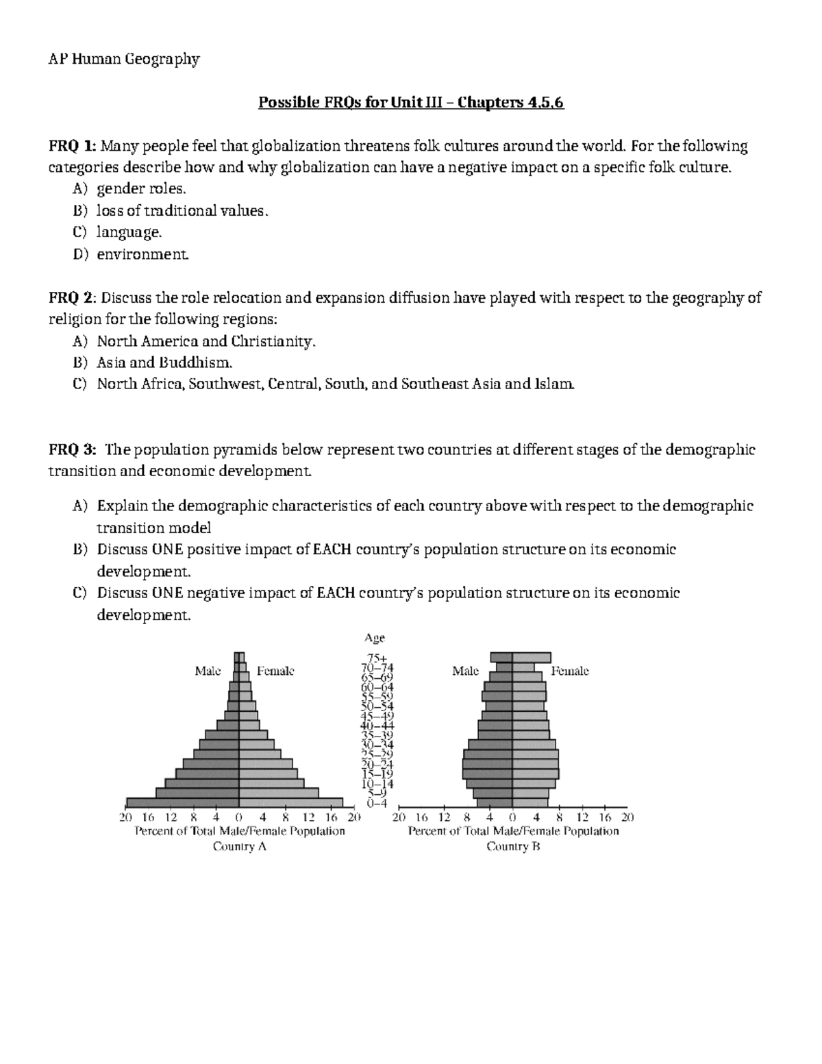 Set 4 FRQ - (Unit III) - notes - AP Human Geography Possible FRQs for ...