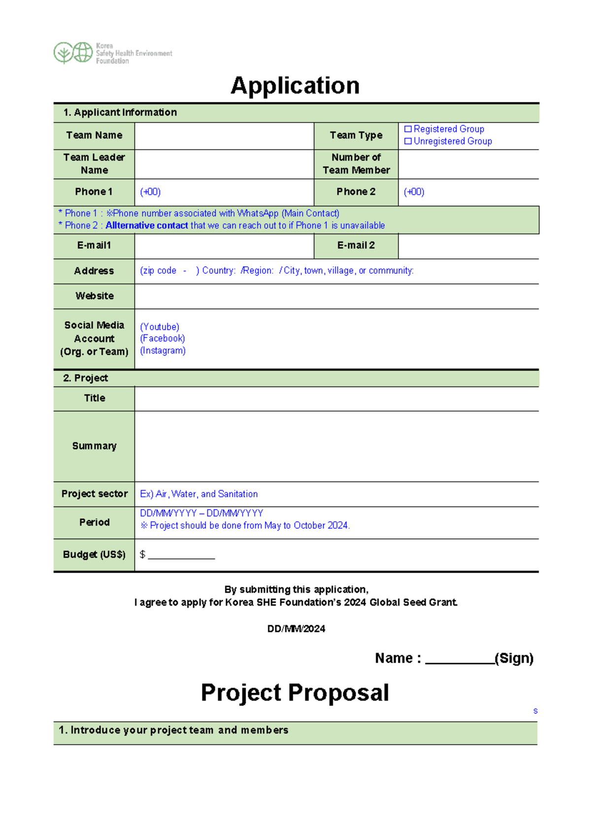Korea-SHE-Foundation 2024 Global Seed Grant Application Document - Studocu