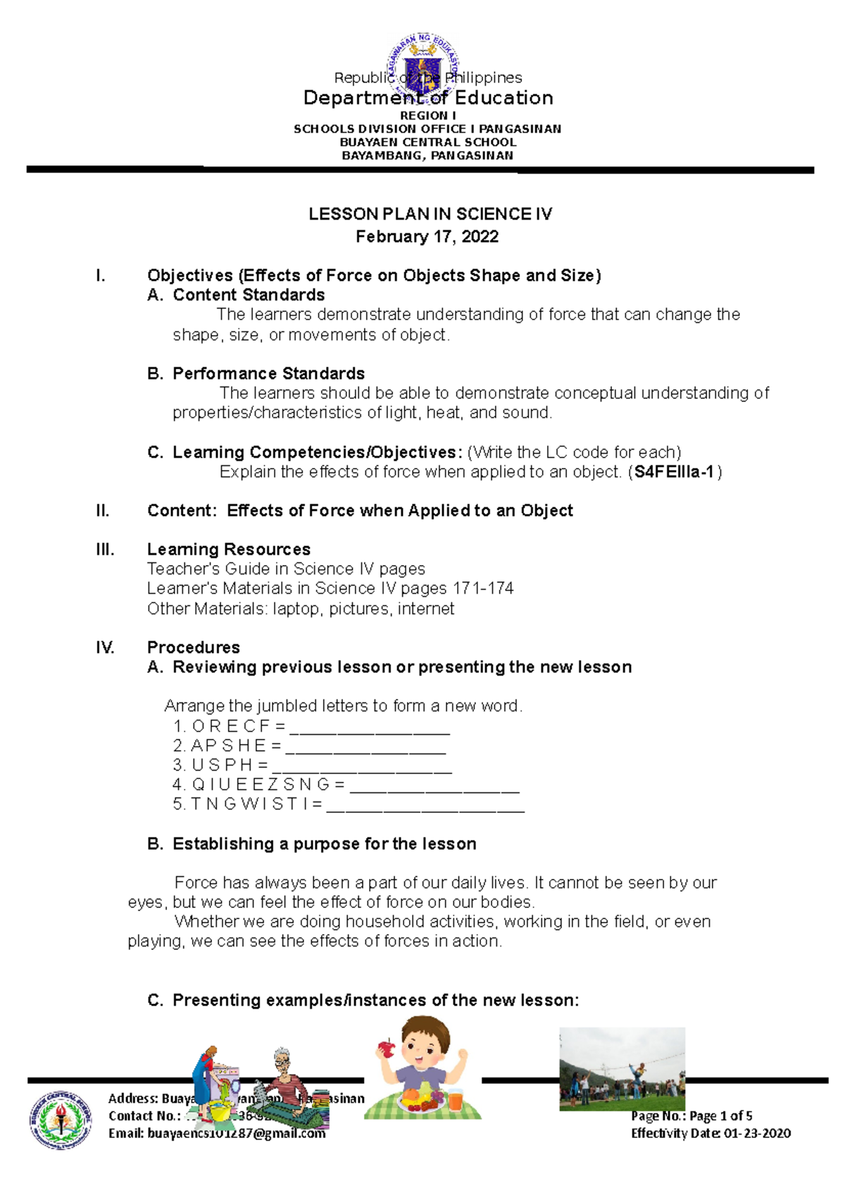 COT Lesson Plan for Science IV: Understanding Effects of Force - Studocu
