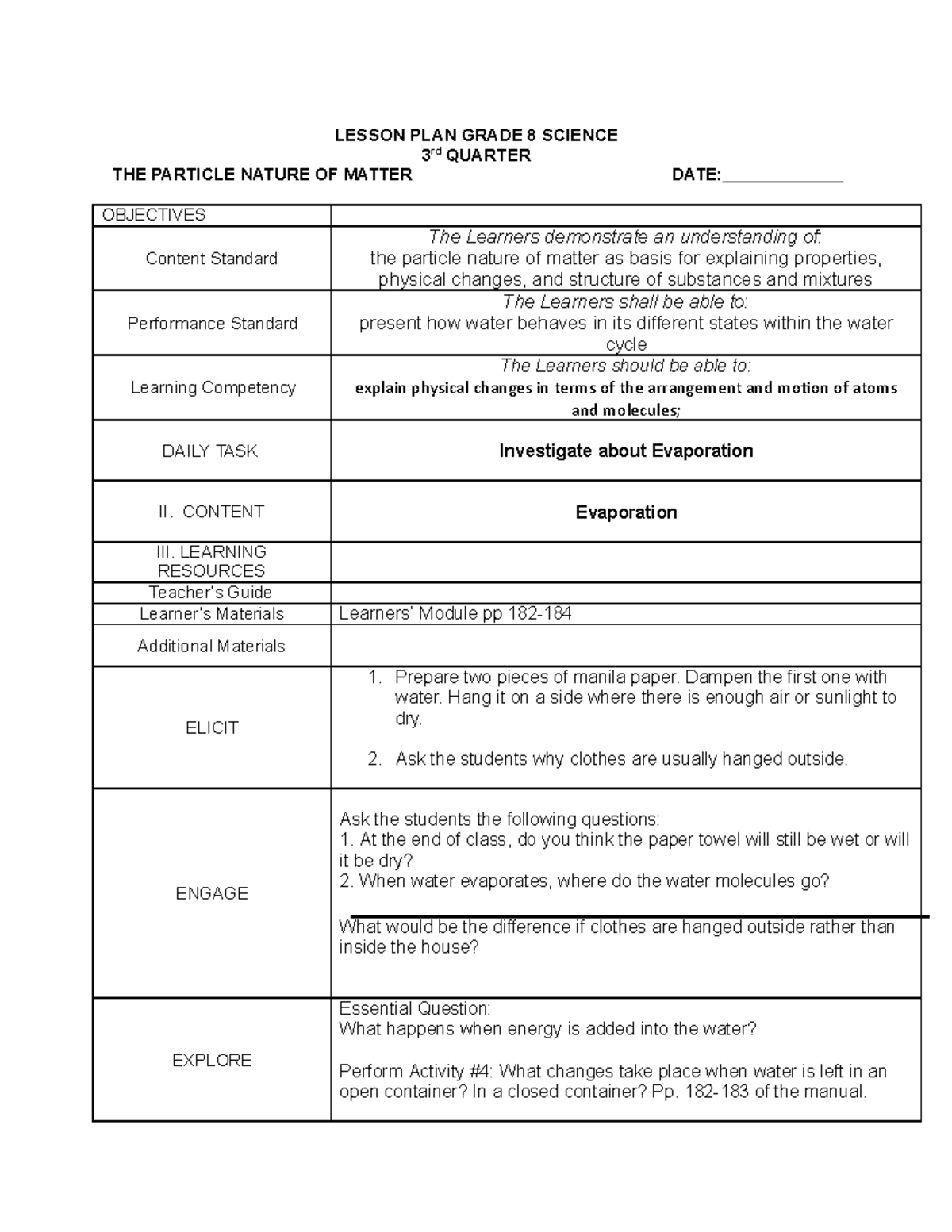Grade 8 Science Lesson Plan: Particle Nature of Matter, 3rd Quarter ...