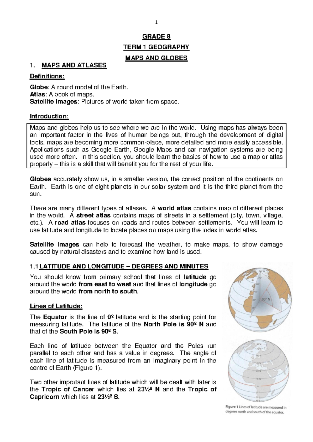 Grade 8 SS - GRADE 8 TERM 1 GEOGRAPHY MAPS AND GLOBES 1. MAPS AND ...