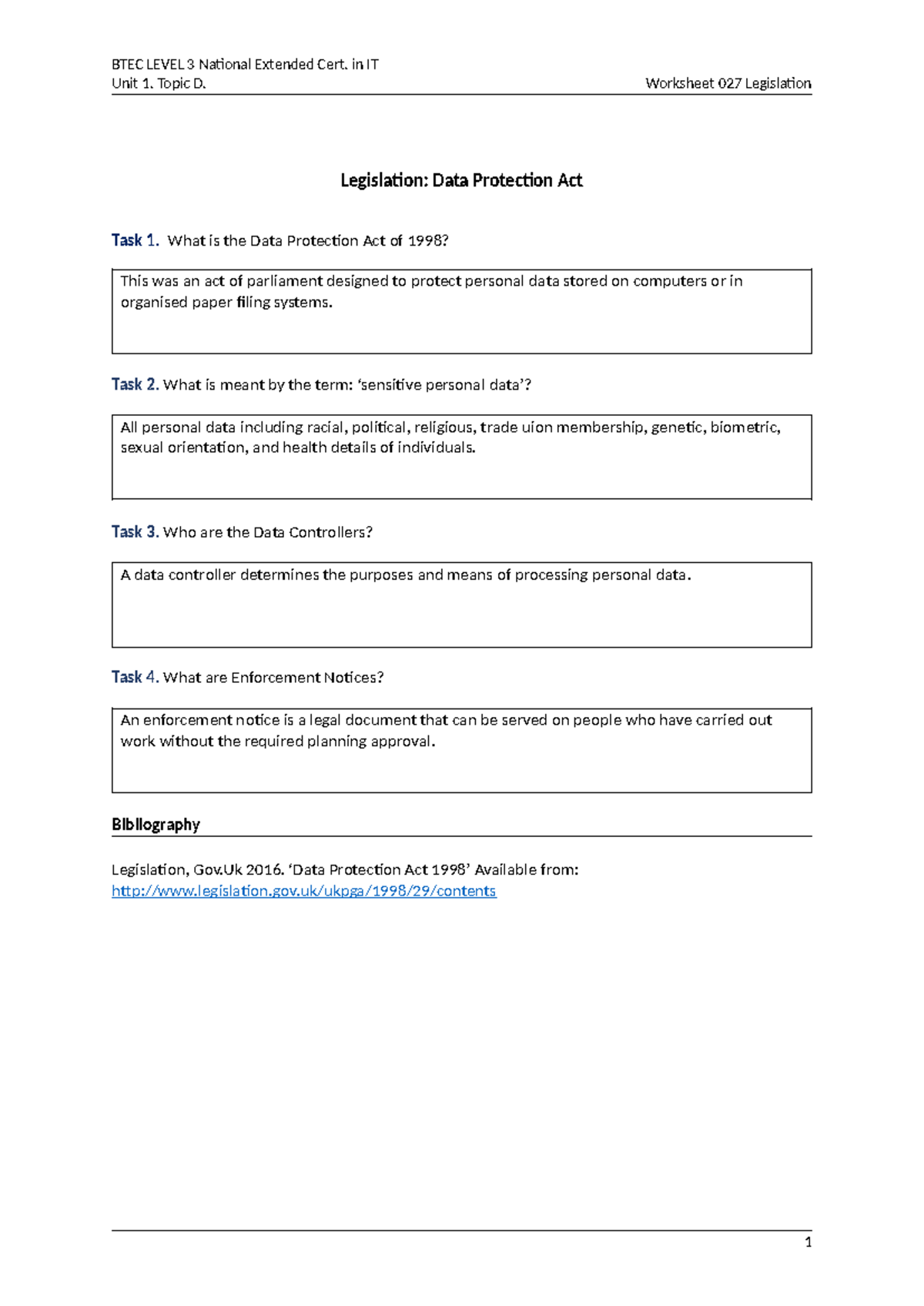 BTEC Level 3 IT Unit 1 Topic D Worksheet: Data Protection Act Overview ...