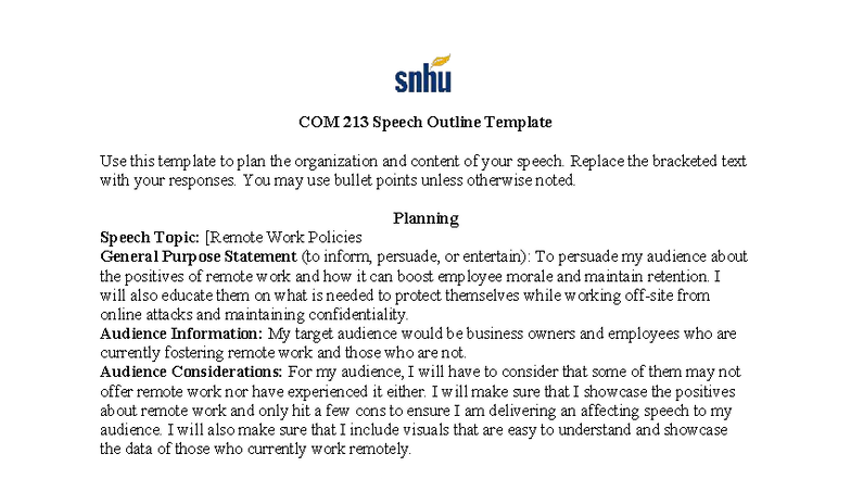 COM 213 Speech Outline: The Benefits and Challenges of Remote Work ...