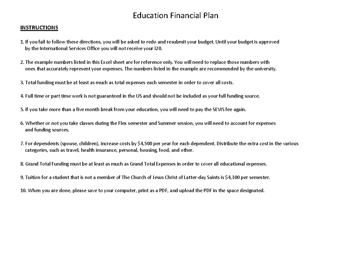 Education Financial Plan Template - Education Financial Plan 1. If you ...