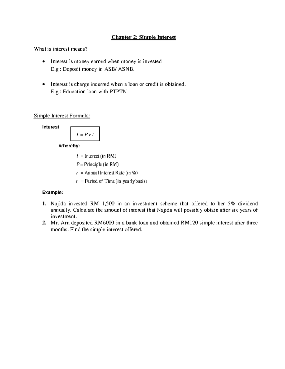 MAT112 Chapter 2: Understanding Simple Interest Calculation - Studocu