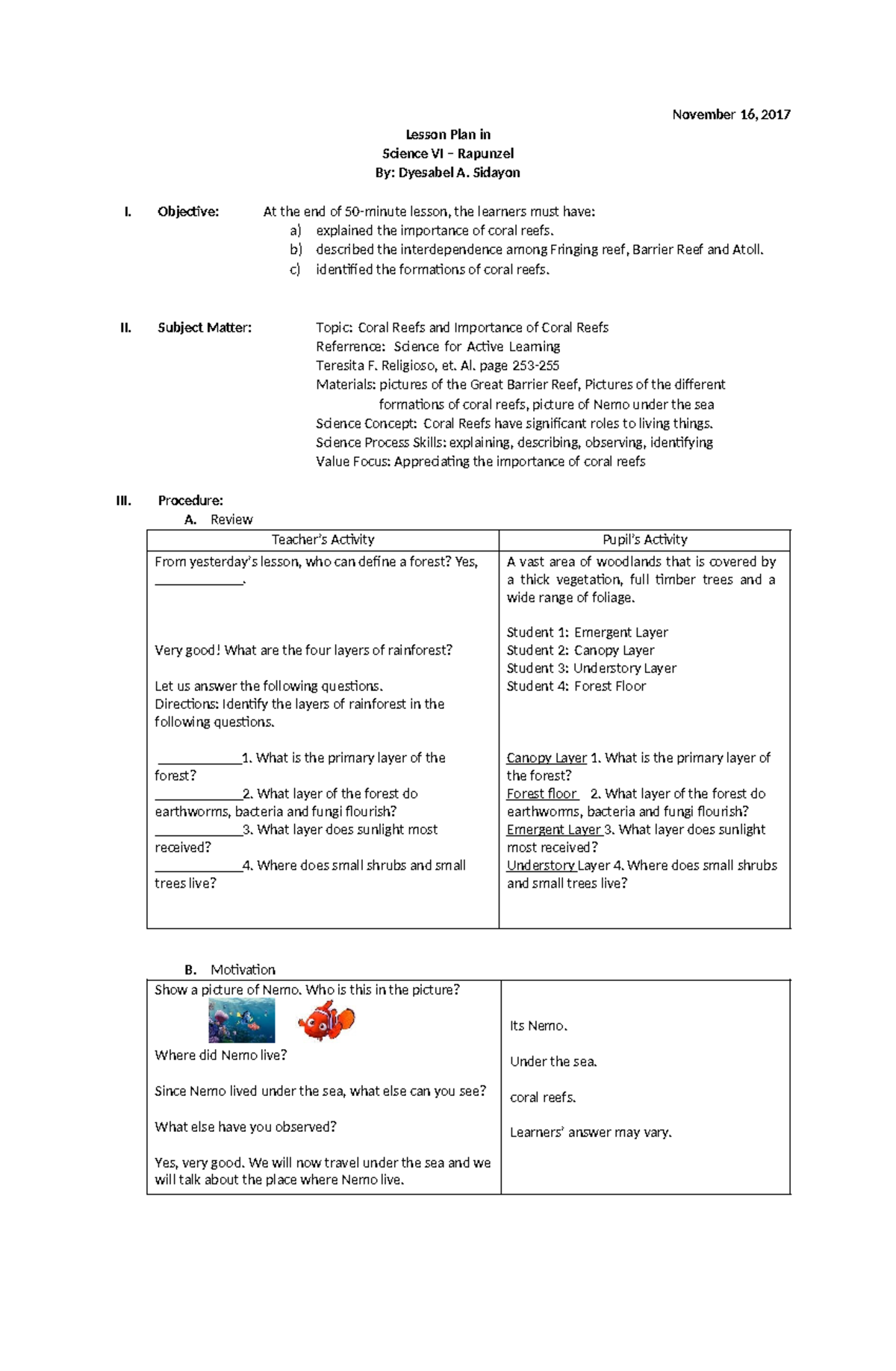 Science VI Lesson Plan: Understanding Coral Reefs & Their Importance ...