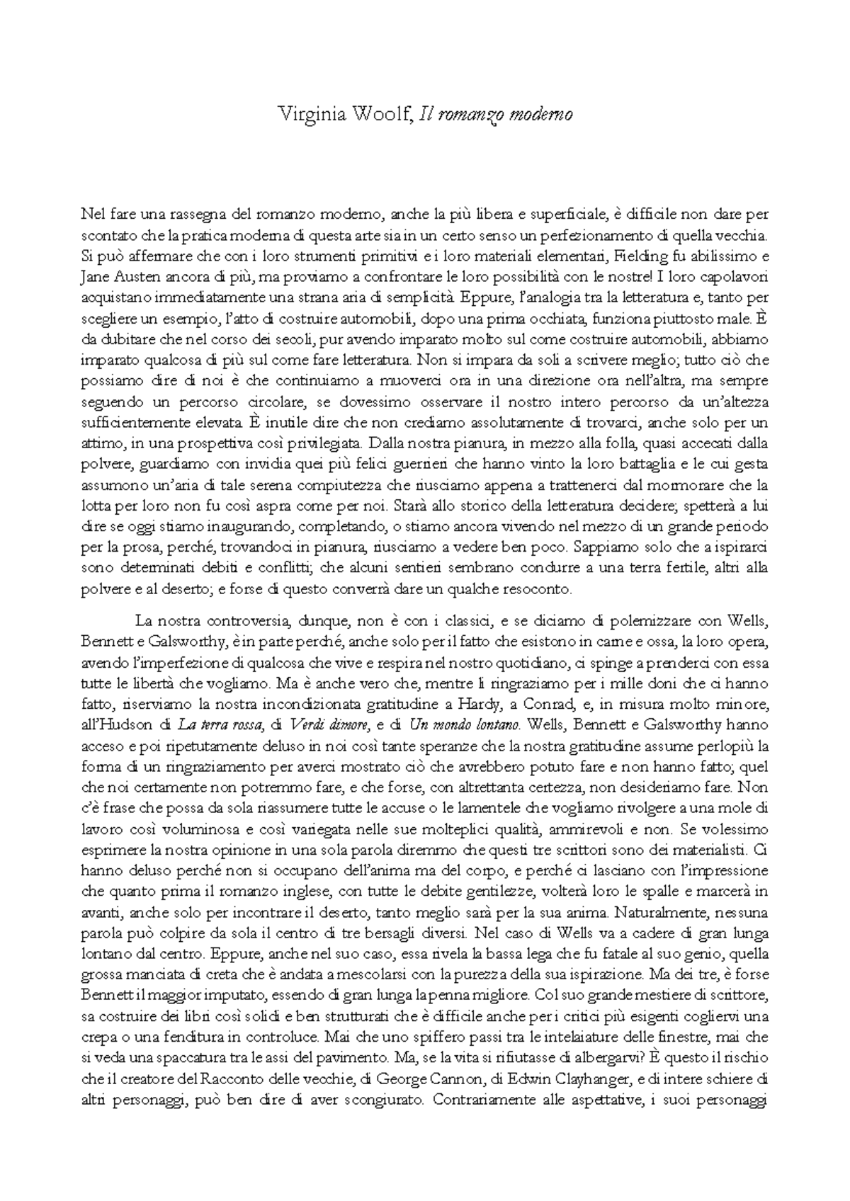 Woolf, Il romanzo moderno: Riflessioni e Critiche Letterarie - Studocu