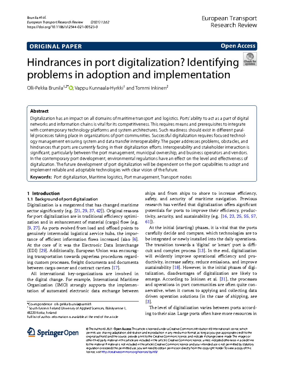 Hindrances in Port Digitalization: Challenges and Solutions (ETRR 2021 ...