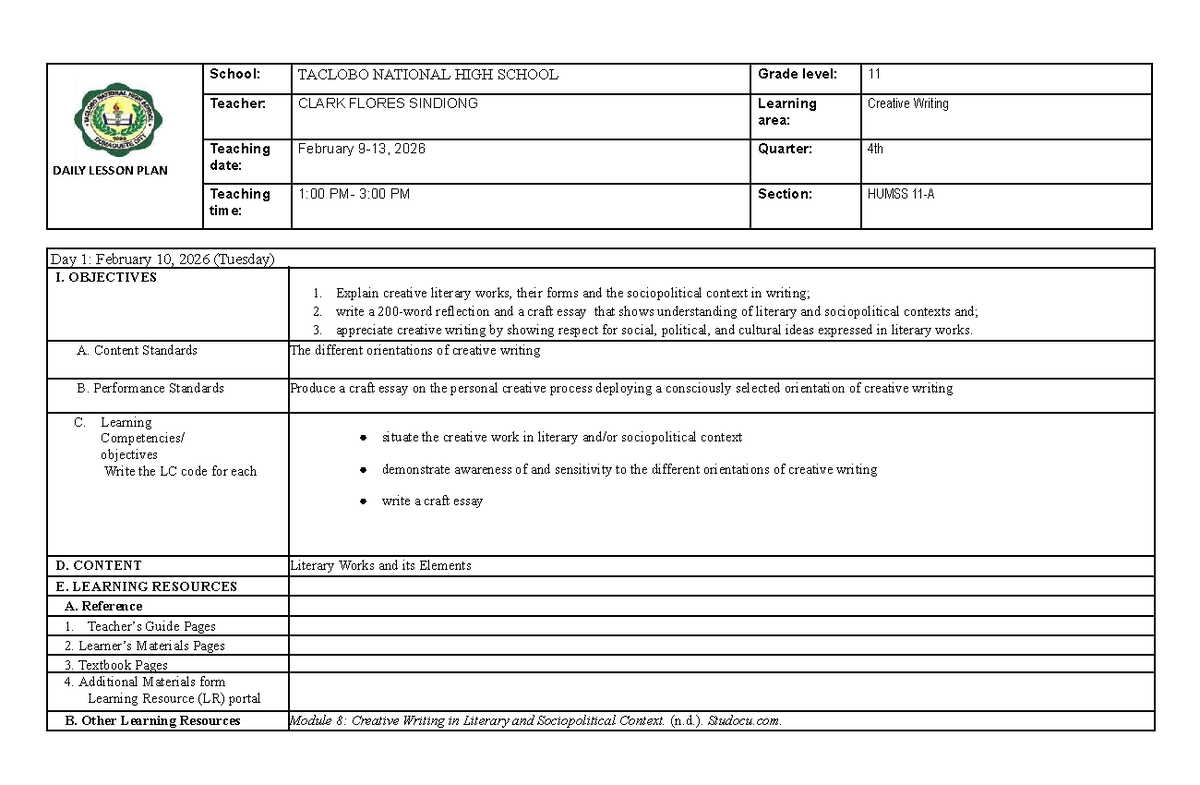 Creative Writing Lesson Plan (CW 12) - 4th Quarter, Day 1 - Studocu