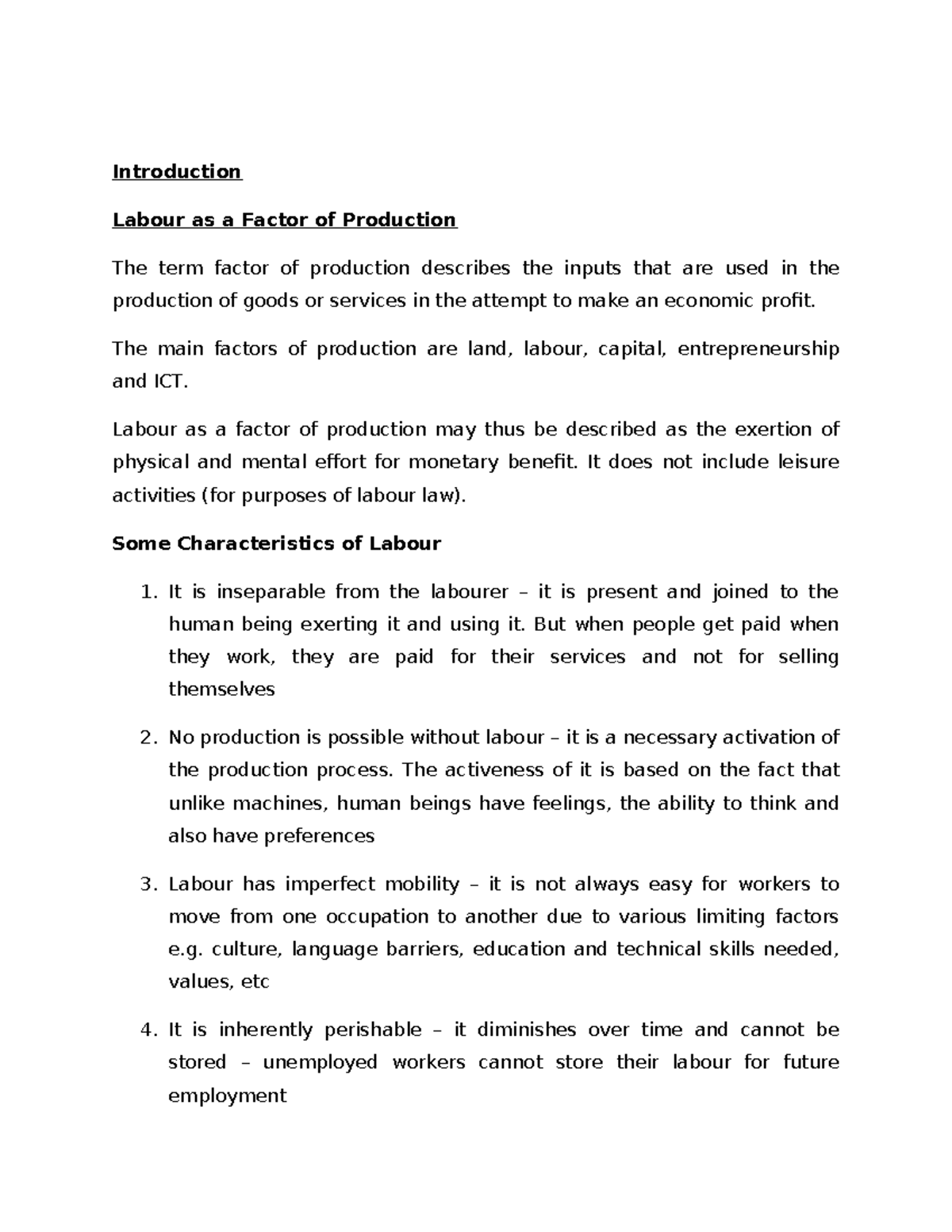 Labor Law Notes: Introduction to Labor as a Factor of Production - Studocu