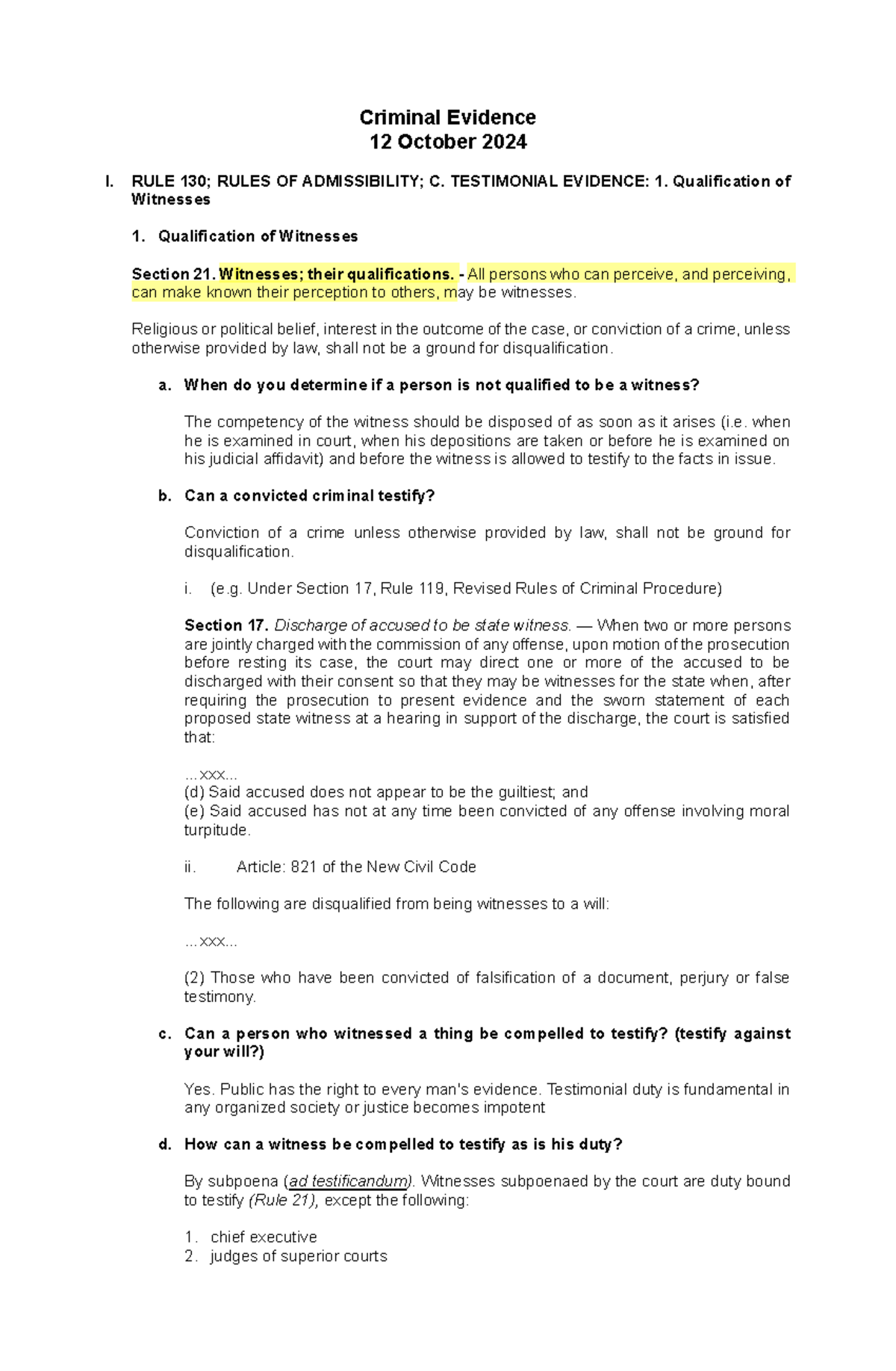 Criminal Evidence: Rules on Testimonial Evidence (07 AM Lecture) - Studocu