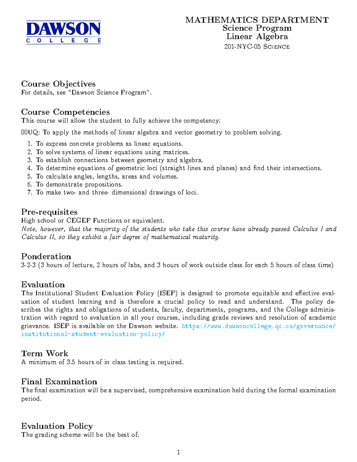 Linear Algebra Course Outline Mathematics Department Science Program Linear Algebra 201 Nyc 05