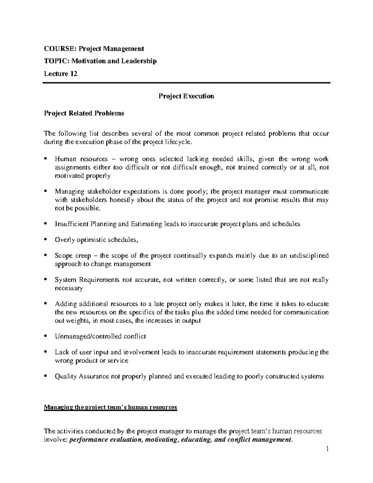 Project Management (PM 101): Motivation & Leadership Lecture 12 Notes ...