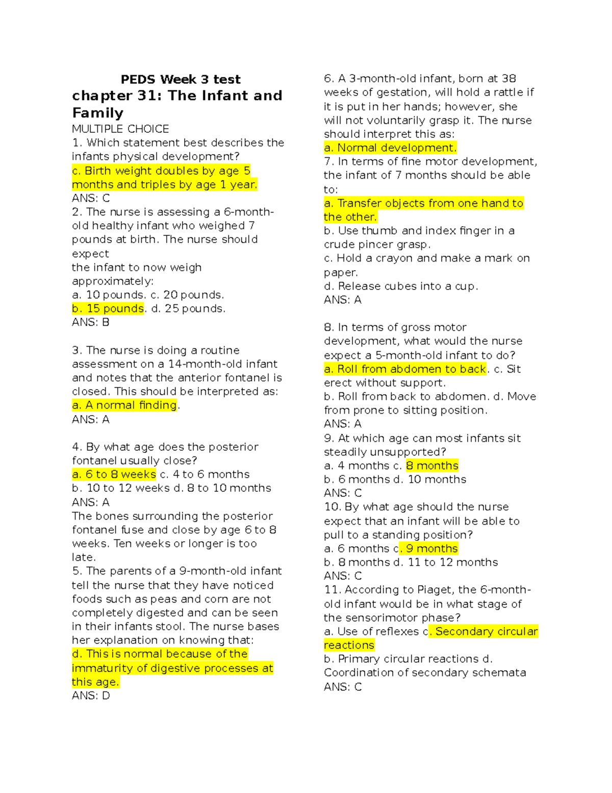 PEDS Week 3 Test: Chapters 31-35 Review and Key Concepts - Studocu