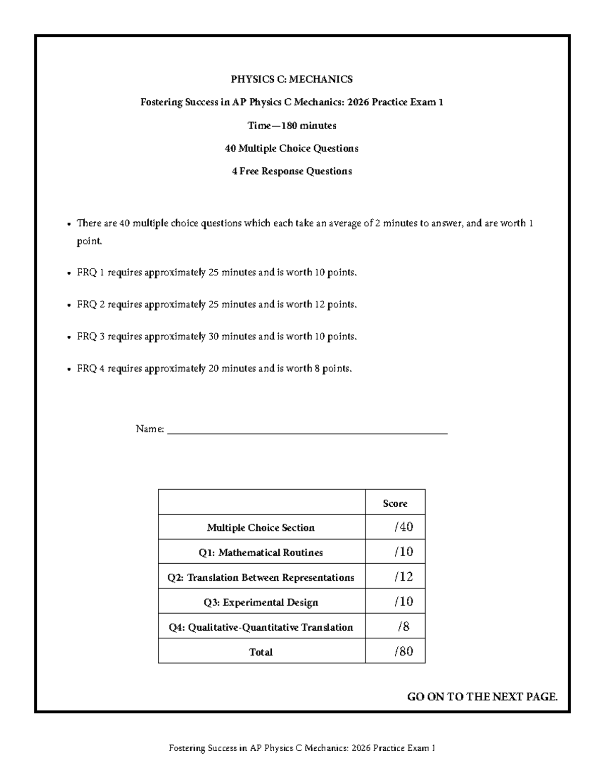 PHYSICS C: MECHANICS (MECH 2026) Practice Exam 1 MC & FRQ Guide - Studocu