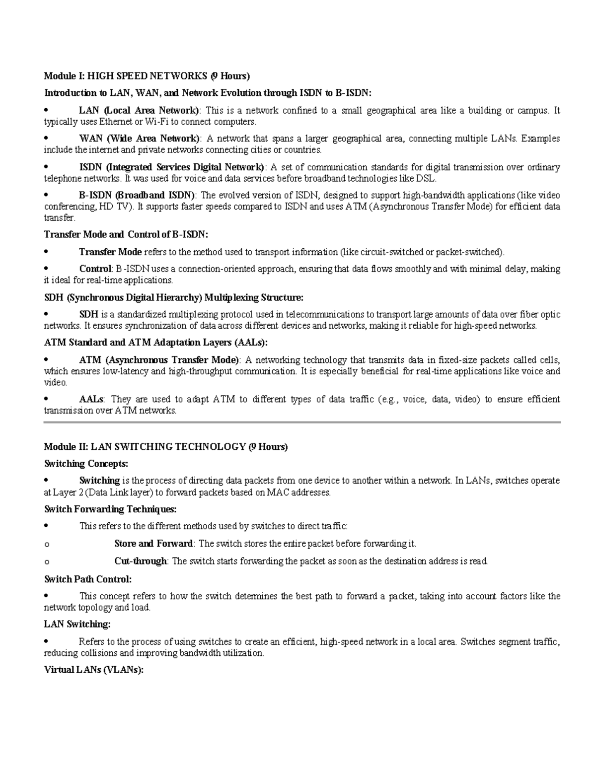High Speed - Module I: HIGH SPEED NETWORKS (9 Hours) Introduction to LAN, WAN, and Network ...