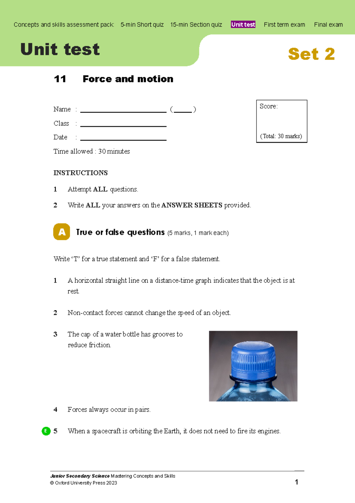 Unit Test 11: Force and Motion - Junior Secondary Science - Studocu