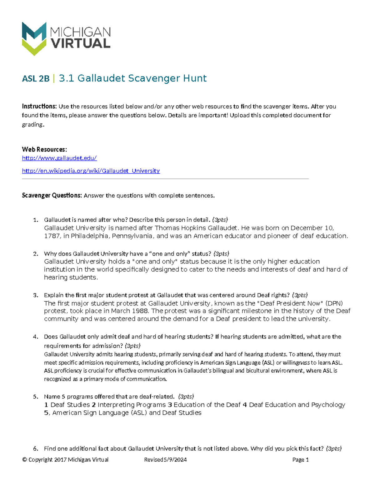 ASL 2B: 3.1 Gallaudet Univ Scavenger Hunt Guide & Questions - Studocu