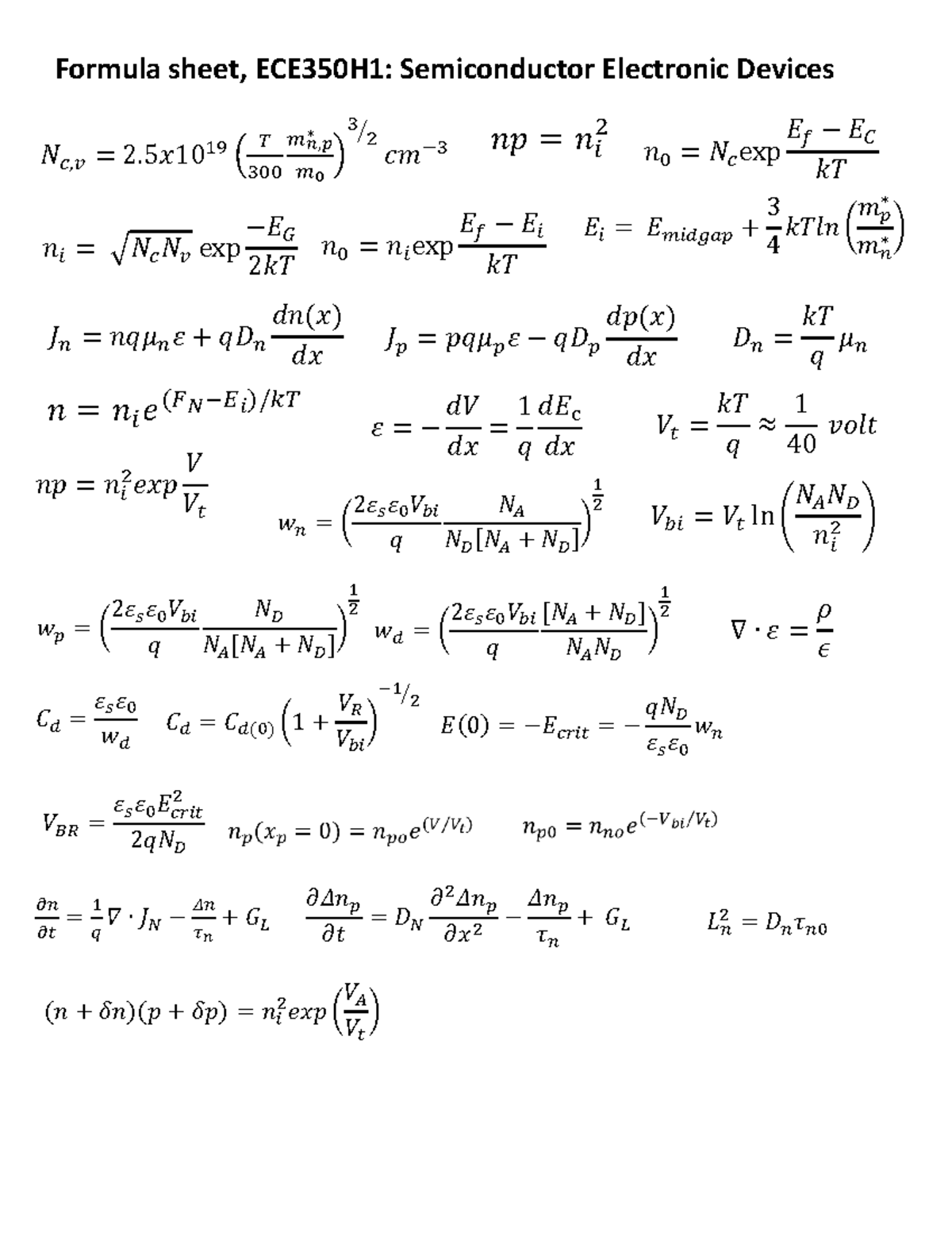 Formula Sheet for Test 2 - ECE350H1: Semiconductor Devices - Studocu