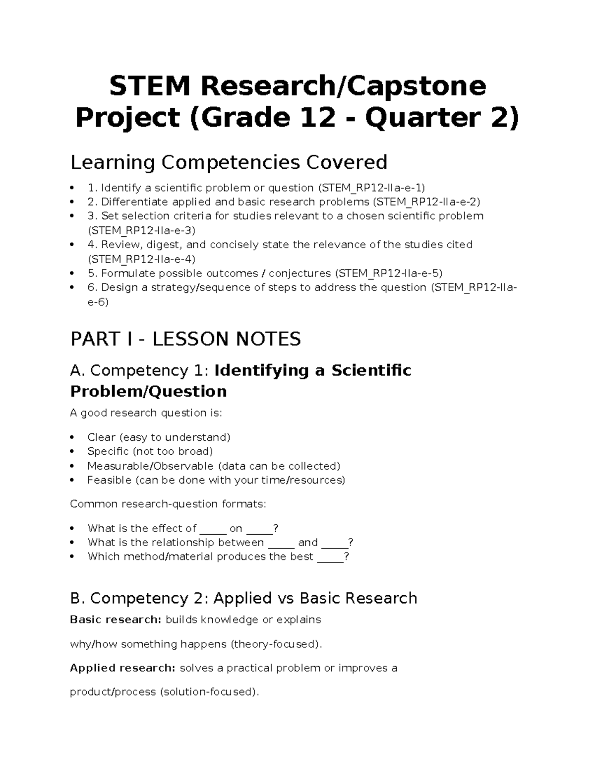 STEM Project (Grade 12 Q2) Capstone Lesson Notes and Competencies - Studocu