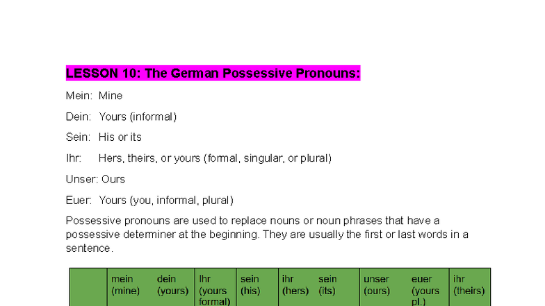 FL Finals L10: Understanding German Possessive Pronouns - Studocu