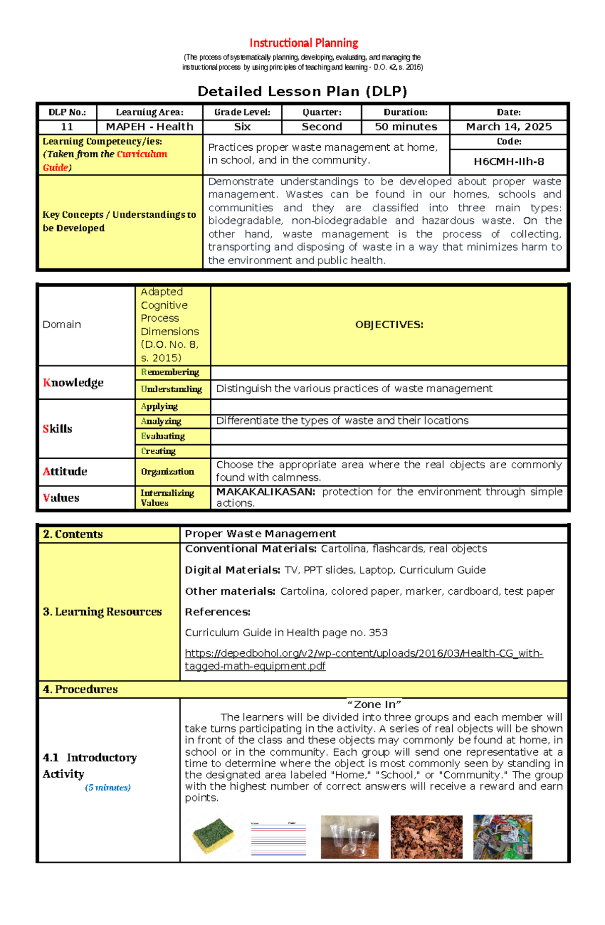 DLP No. 11: Detailed Lesson Plan on Proper Waste Management for Grade 6 ...
