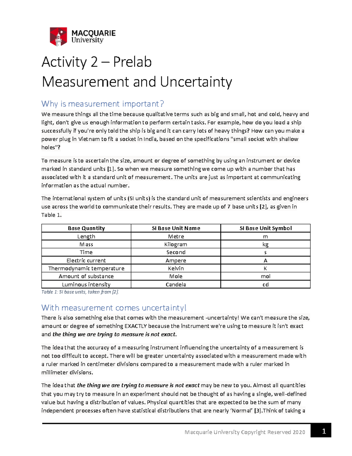 Activity 2: Measurement & Uncertainty Prelab - Macquarie Uni 3-12-2020 ...