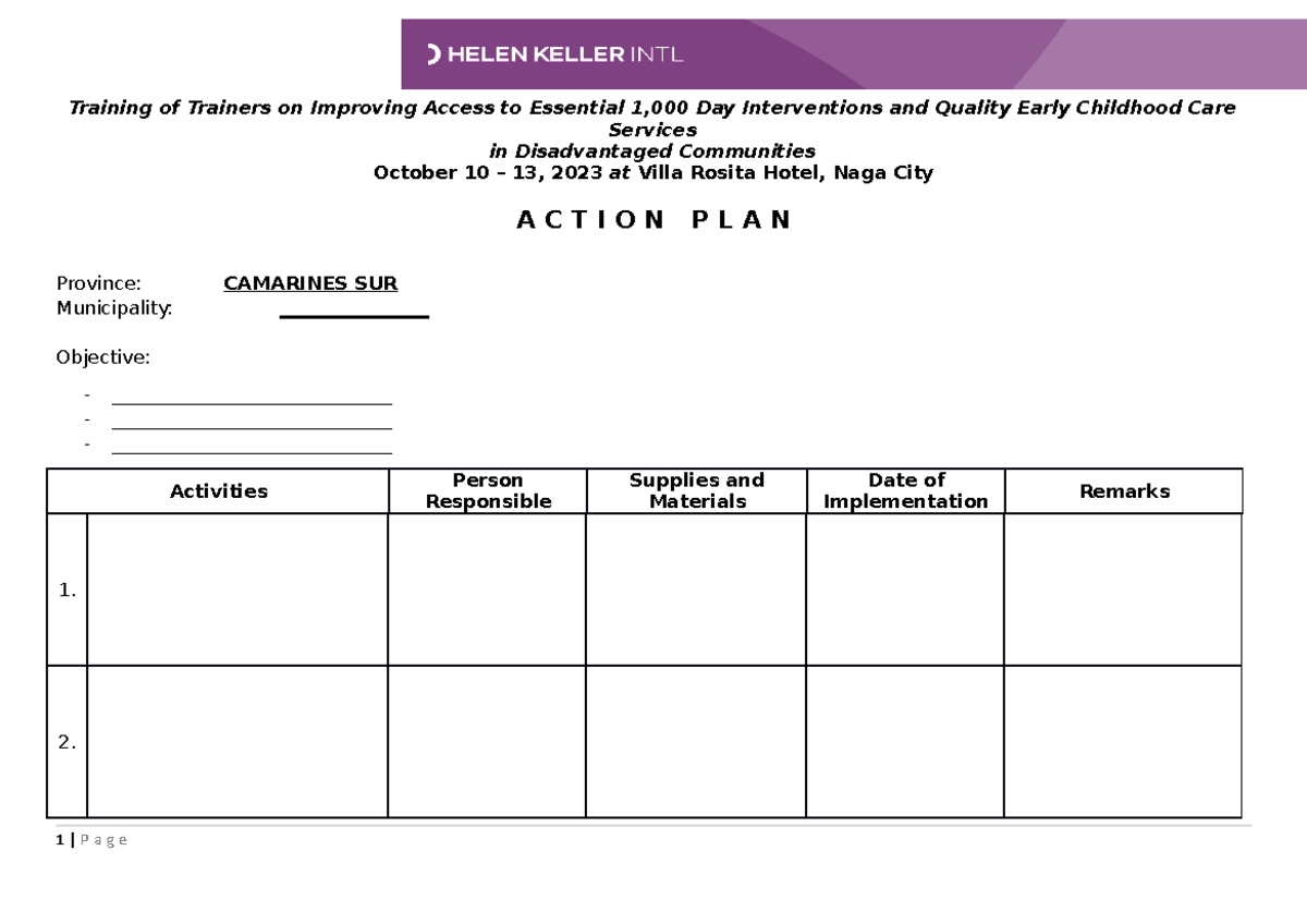 Plan Template for BF1KD & ECCD Training of Trainers 2023 - Studocu