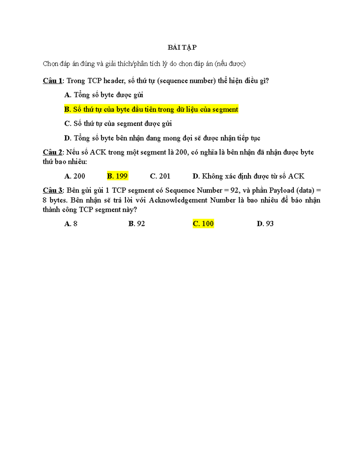 Bài Tập C3 TCP - Phân Tích Câu Hỏi và Giải Thích Đáp Án - Studocu