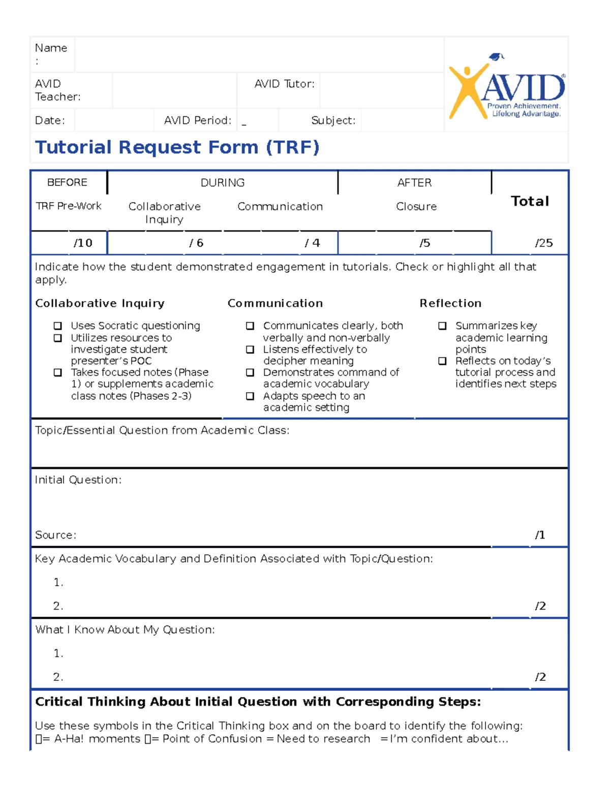 Tutorial Request Form Fillable Word format - Name : AVID Teacher: AVID ...