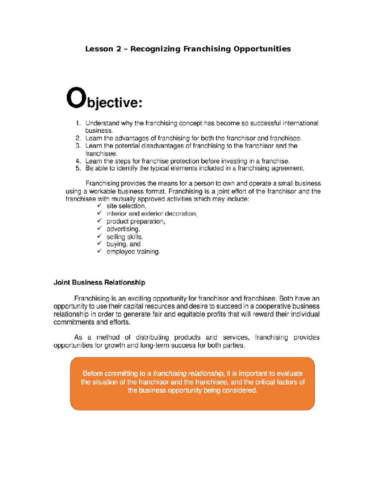 Lesson 2: Recognizing Franchising Opportunities in Business - Studocu