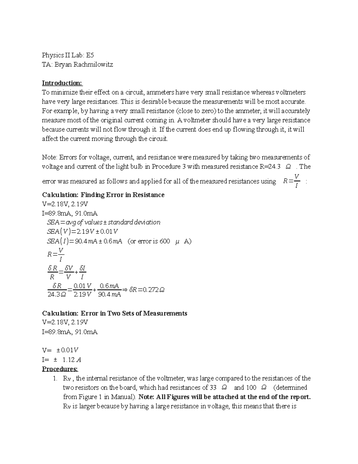 E5 - physics lab report - Physics II Lab: E5 TA: Bryan Rachmilowitz ...