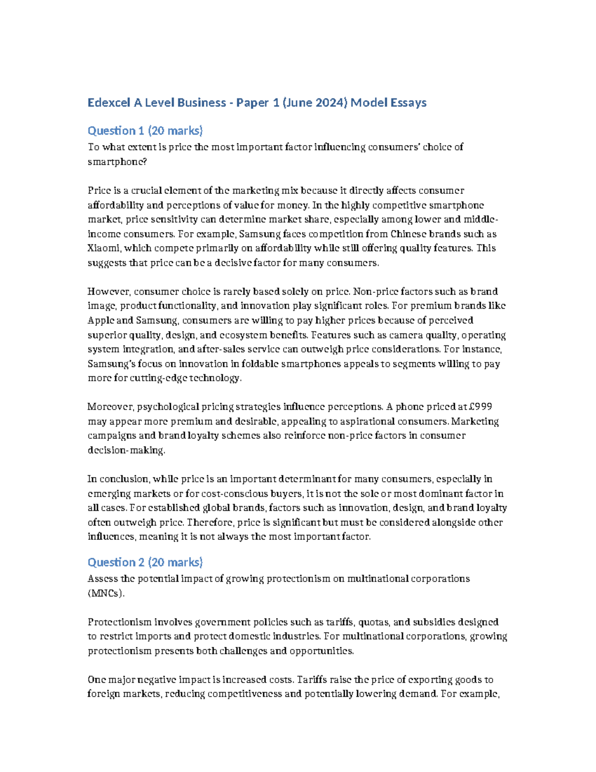 Edexcel A Level Business Paper 1 (June 2024) Model Essays Analysis ...