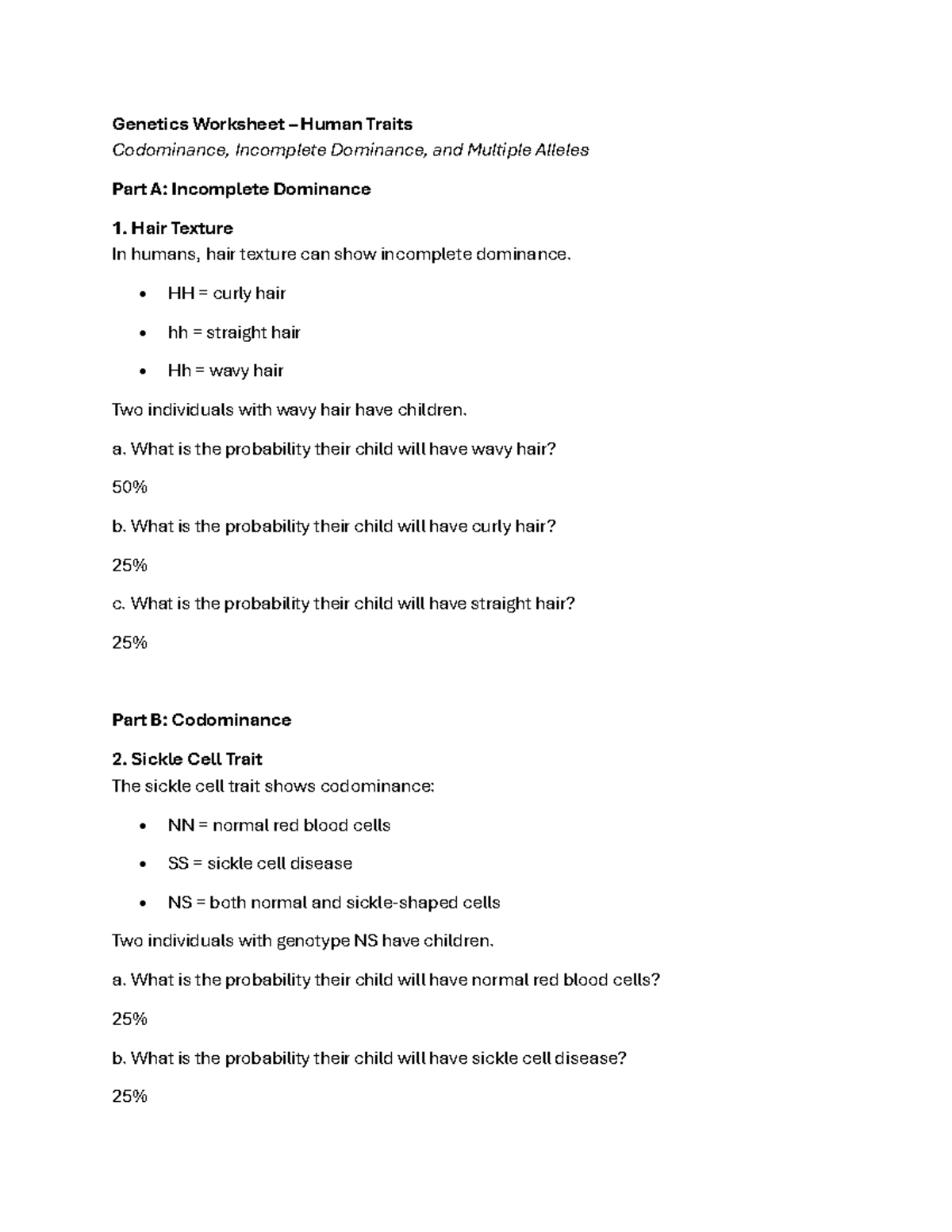 Genetics Worksheet: Human Traits - Codominance & Incomplete Dominance ...