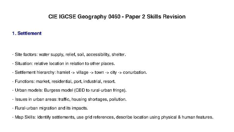CIE IGCSE Geography 0460 Paper 2 Revision Topics Overview - Studocu
