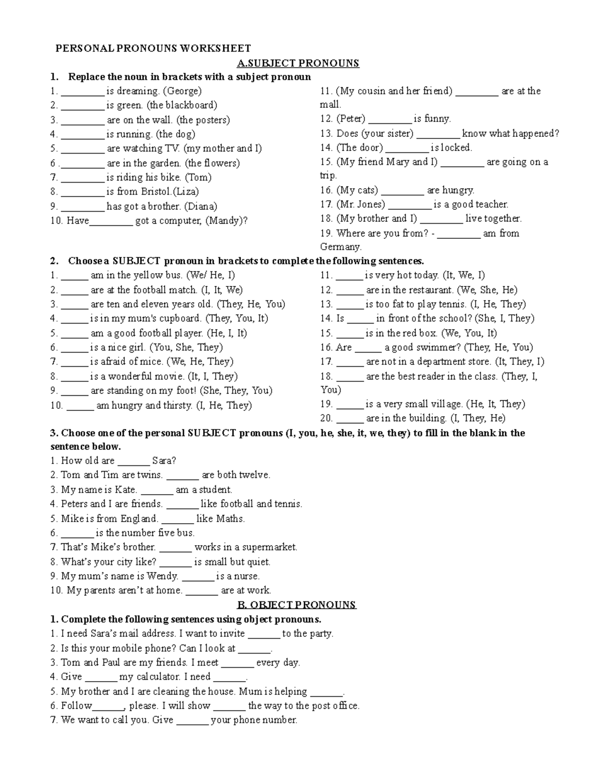 1. Personal Pronouns Worksheet - PERSONAL PRONOUNS WORKSHEET A PRONOUNS ...