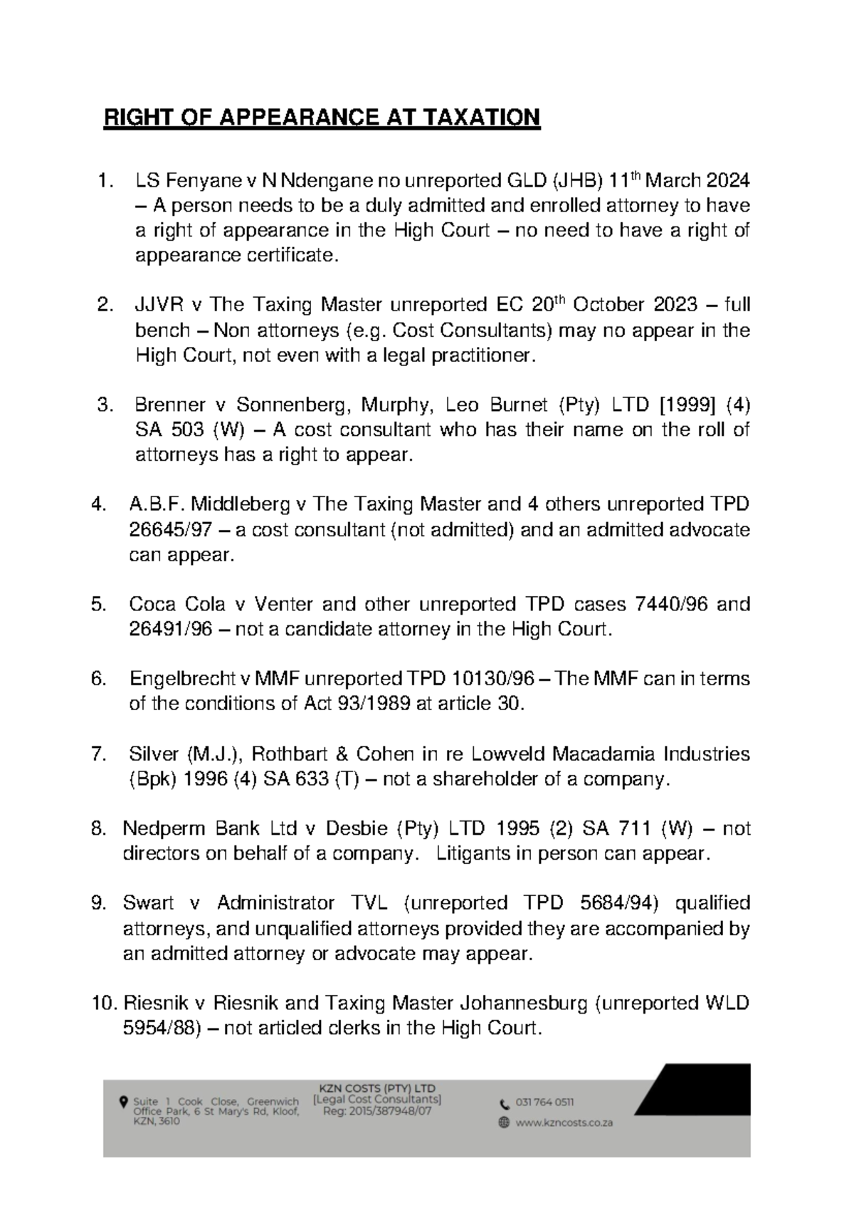 Right AT Appearance AT Taxation - RIGHT OF APPEARANCE AT TAXATION LS ...