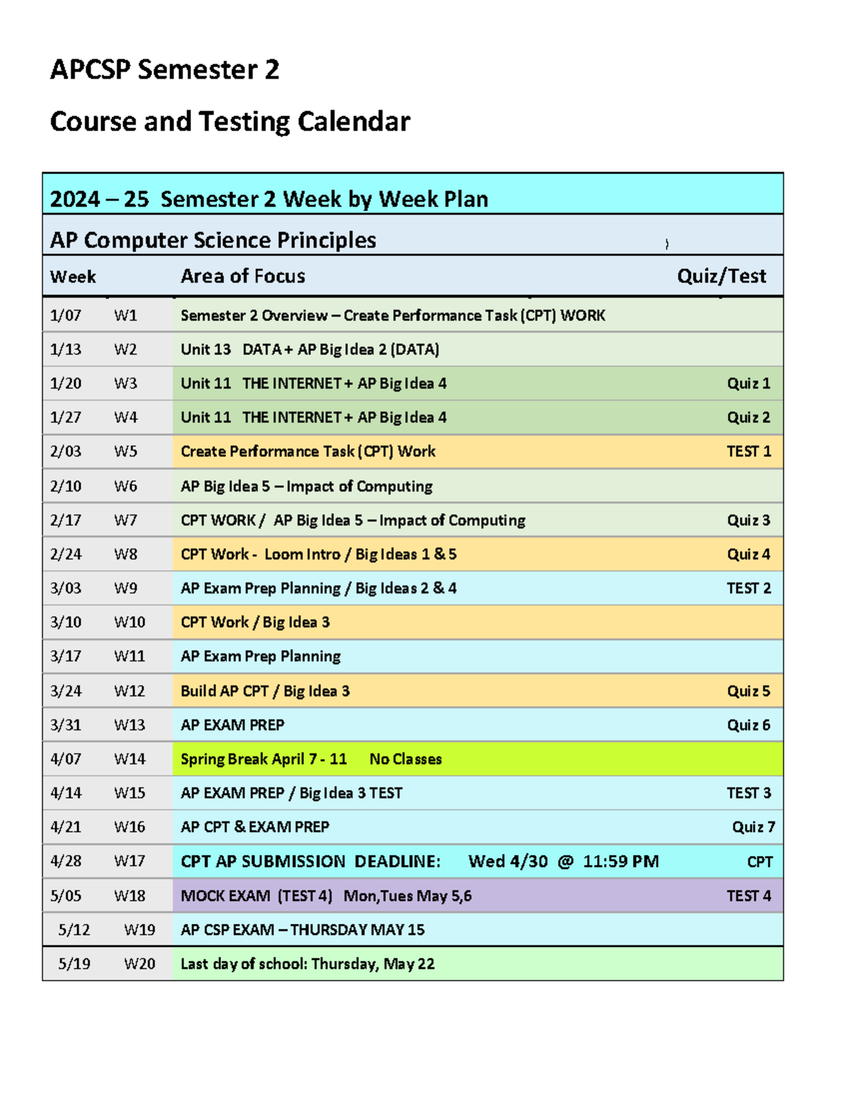 APCSP 24-25 Semester 2 Course Outline & Testing Calendar - Studocu