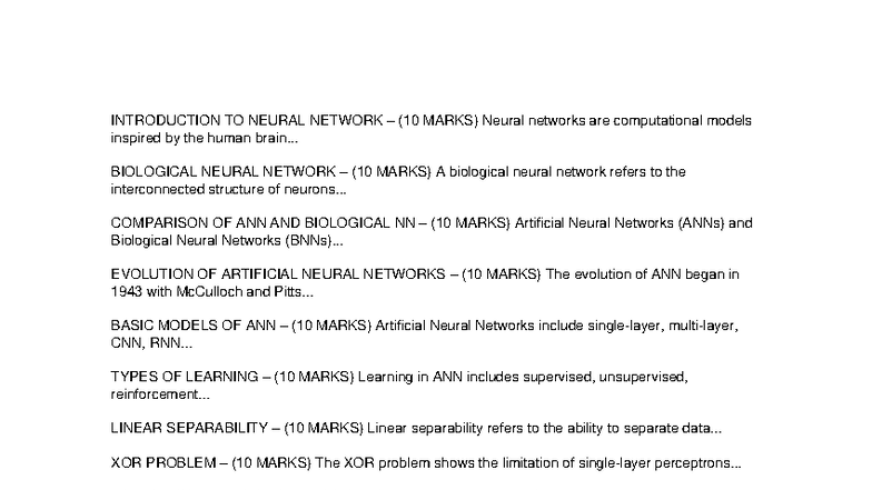 Neural Network Notes 10 Marks - INTRODUCTION TO NEURAL NETWORK – (10 ...