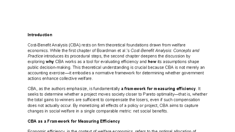 CBA Framework: Measuring Efficiency in Welfare Economics (CBA) - Studocu