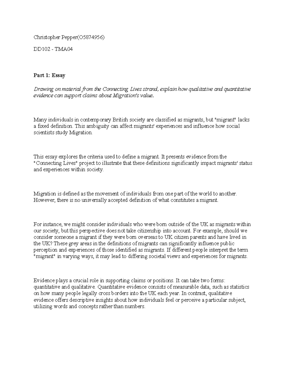 DD102 - TMA Essay on Migration: Defining Evidence & Impact - Studocu