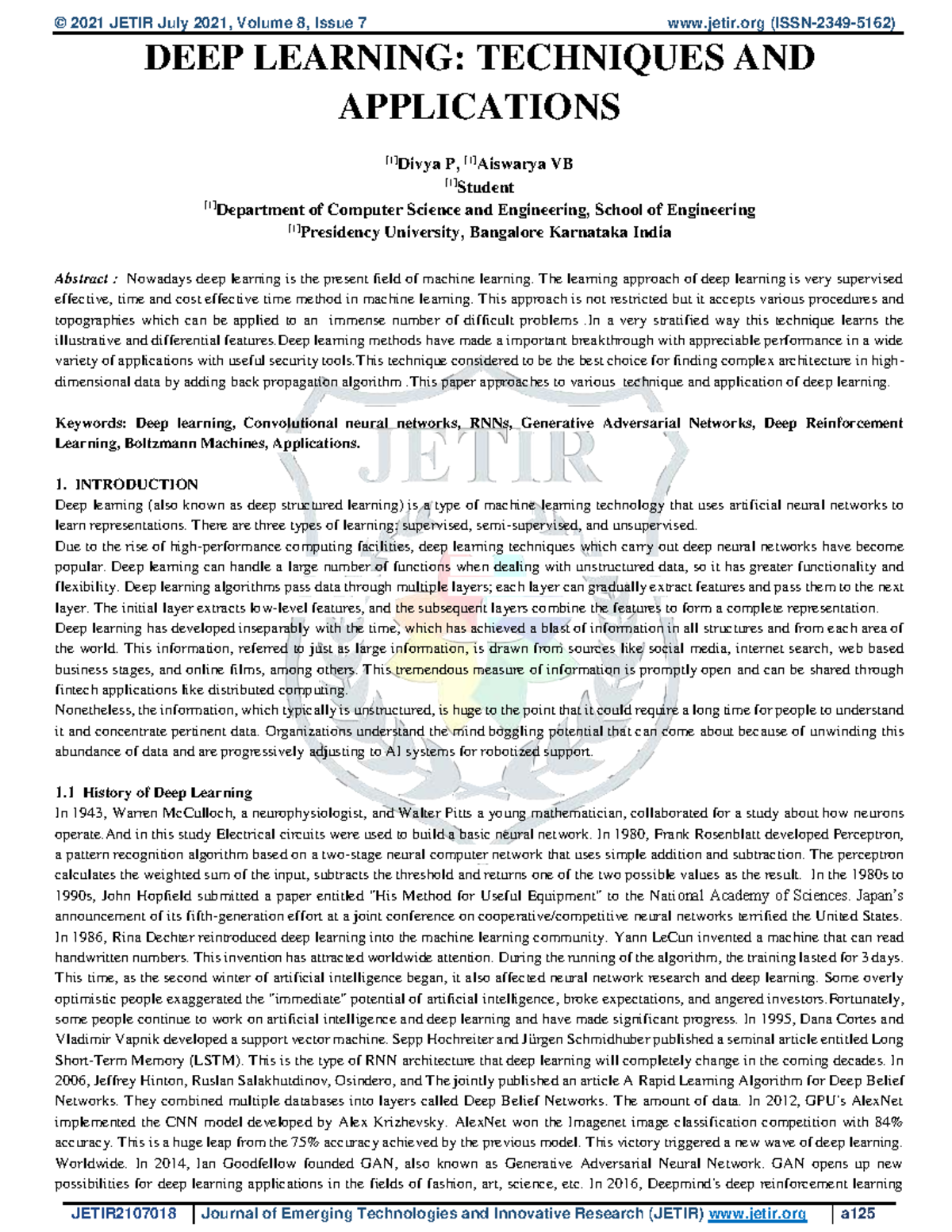 Deep Learning Techniques and Applications - JETIR2107018 - Studocu