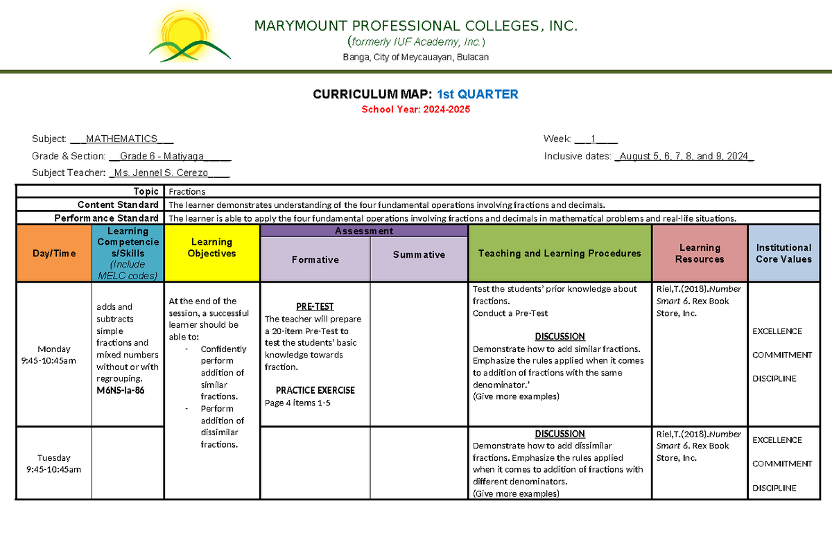 MATH6Q1W1-8 - Week 1-7 Curriculum Map for Mathematics 6 - Studocu