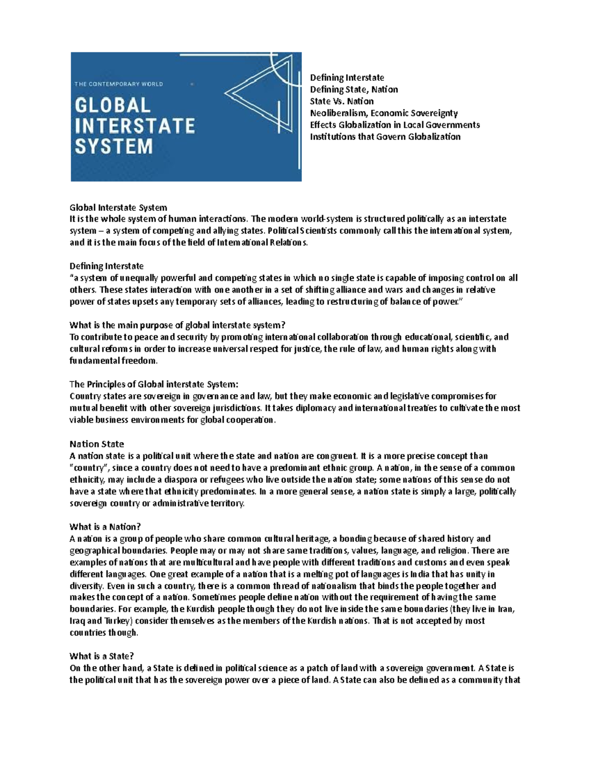 Global Interstate System: Key Concepts and Institutions in IR - Studocu