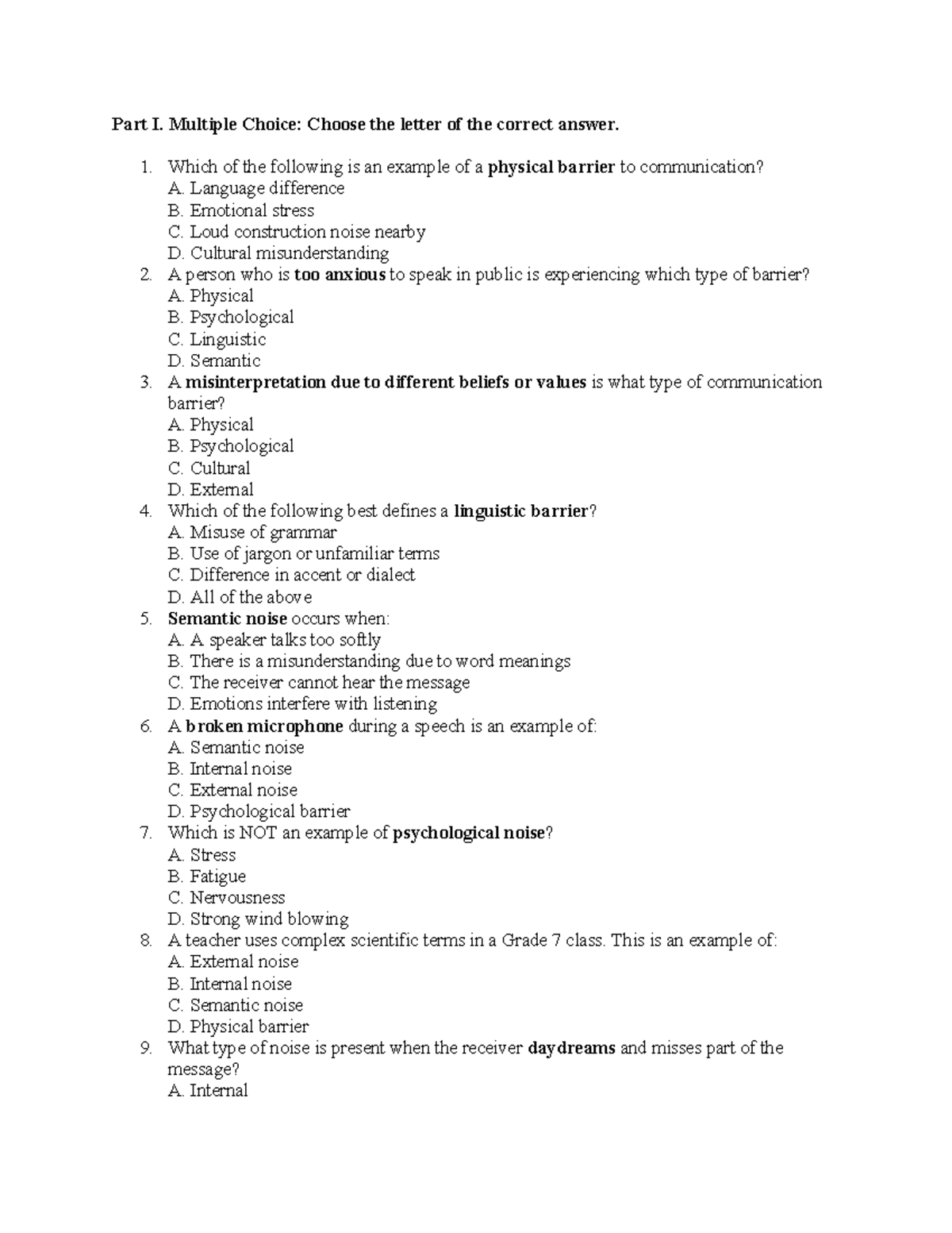 Long Quiz: Communication Barriers and Strategies - Lecture Notes - Studocu